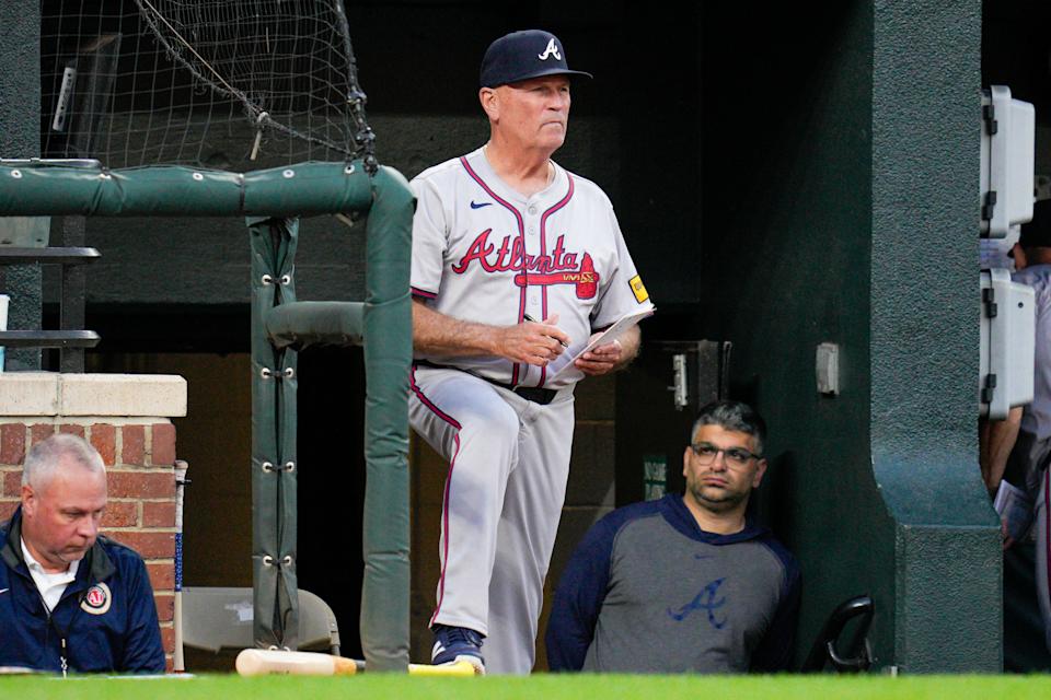 Braves manager Brian Snitker smiles 1 day after being hit below the ...