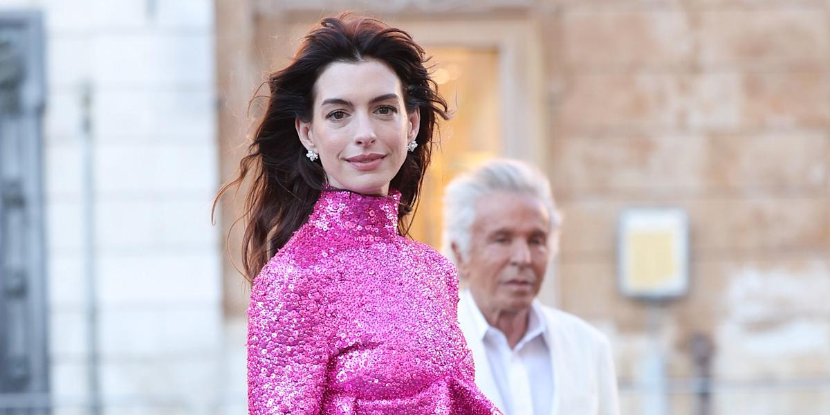 Anne Hathaway Wearing a Barbie Pink Mini Dress at Valentino's Haute ...