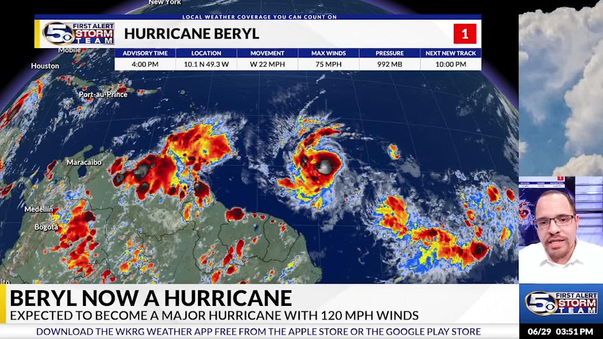 Beryl now a Hurricane, Winds could reach 120 mph by Monday