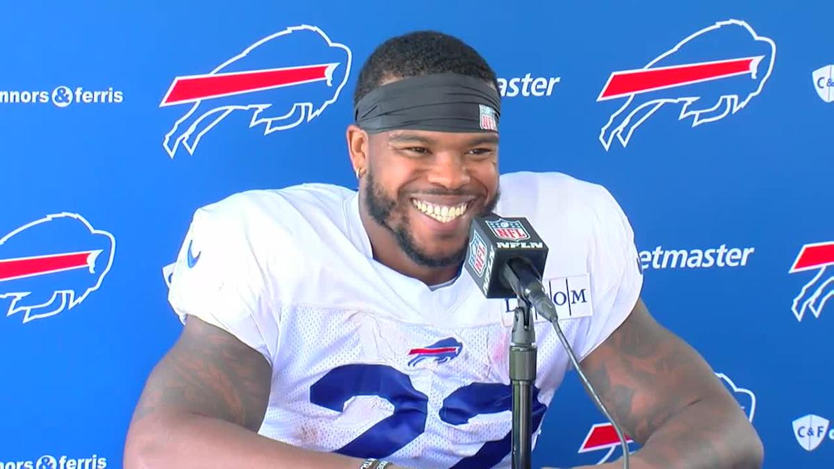 Buffalo Bills running back Damien Harris speaks on day six of training camp