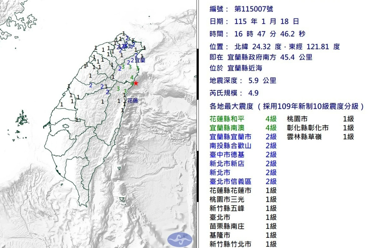 最大震度4級！宜蘭近海規模4.9「極淺層」地震 氣象署17:50開記者會說明