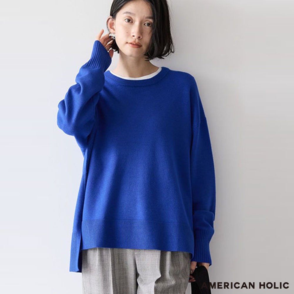AMERICAN HOLIC 防靜電側開衩素面針織長版上衣 | 短袖 | Yahoo購物中心