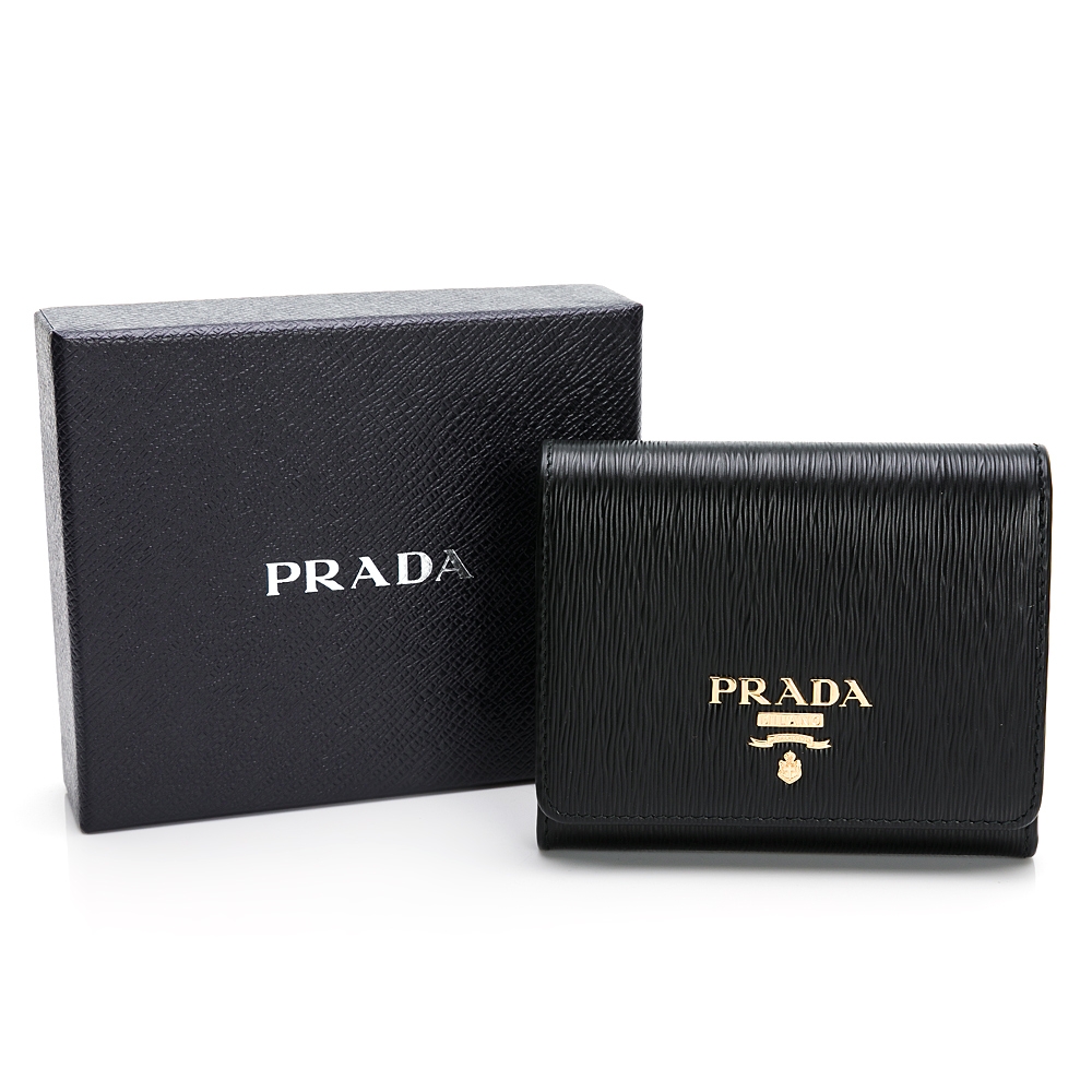【PRADA 普拉達】經典金字LOGO水波紋三折短夾(黑1MH176) | 中/短夾 | Yahoo購物中心