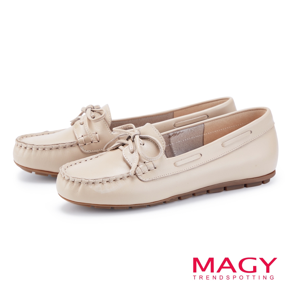 MAGY 牛皮蝴蝶結休閒平底帆船鞋 杏色 | 娃娃鞋 | Yahoo奇摩購物中心