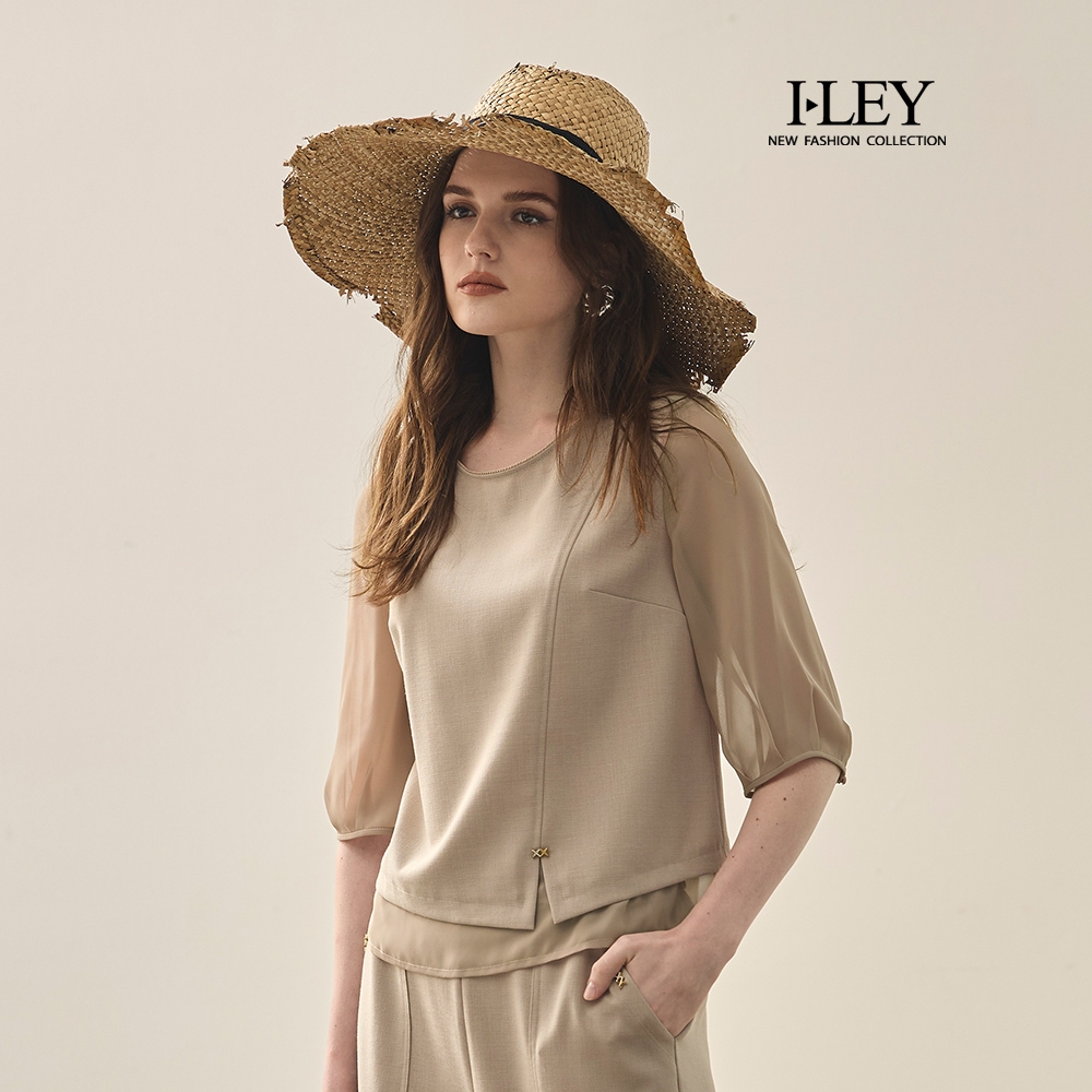 ILEY伊蕾 質感十字紋拼接雪紡上衣(杏；M-2L) | 長袖 | Yahoo奇摩購物中心