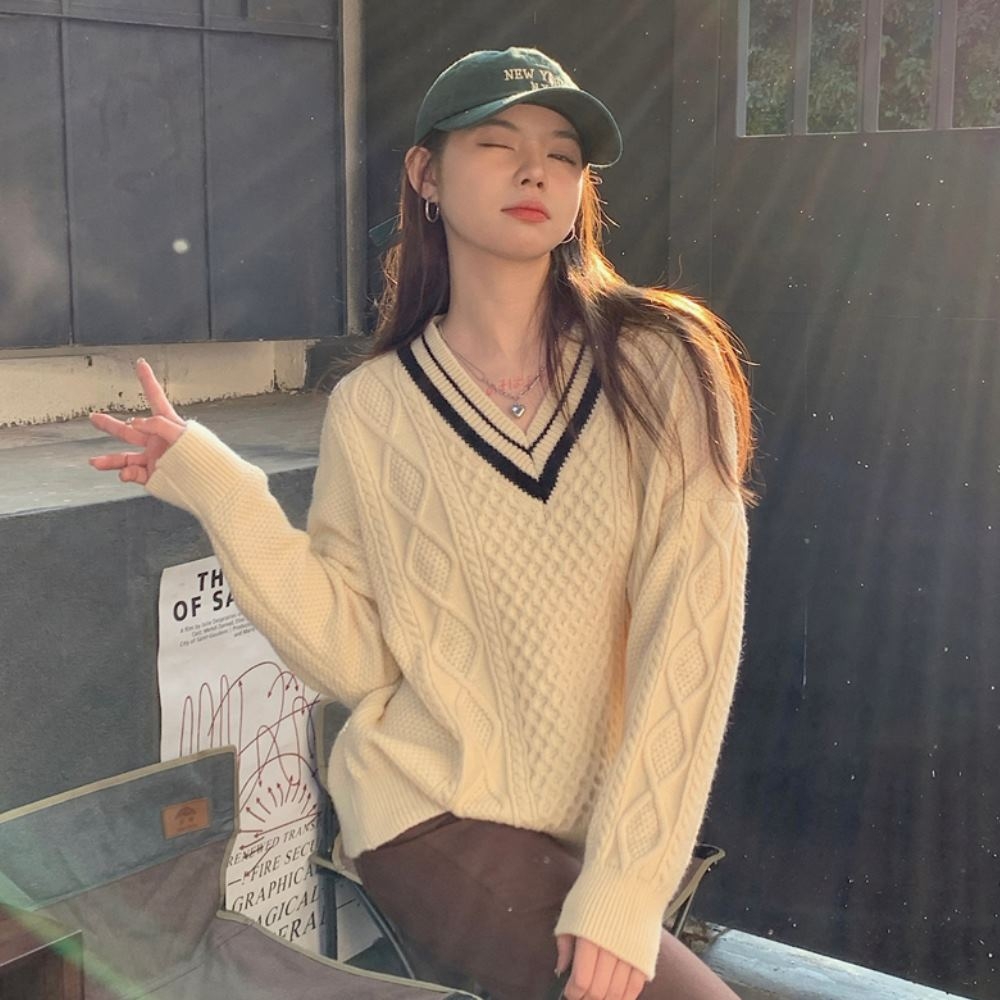 La BellezaV領滾邊學院風菱格麻花針織毛衣 | 厚針織 | Yahoo奇摩購物中心