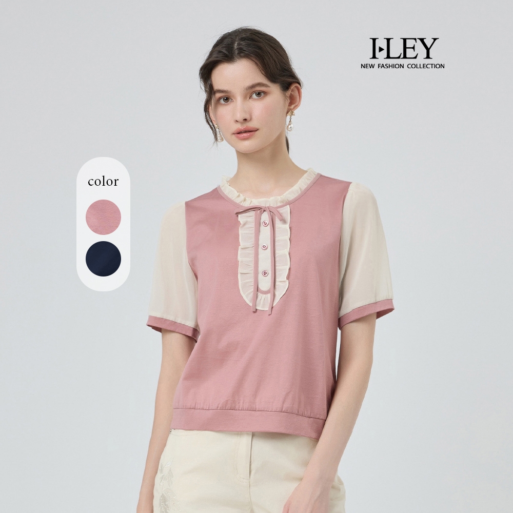 ILEY伊蕾 撞色荷葉造型拼接絲光棉上衣(兩色；M-2L) | 長袖 | Yahoo奇摩購物中心
