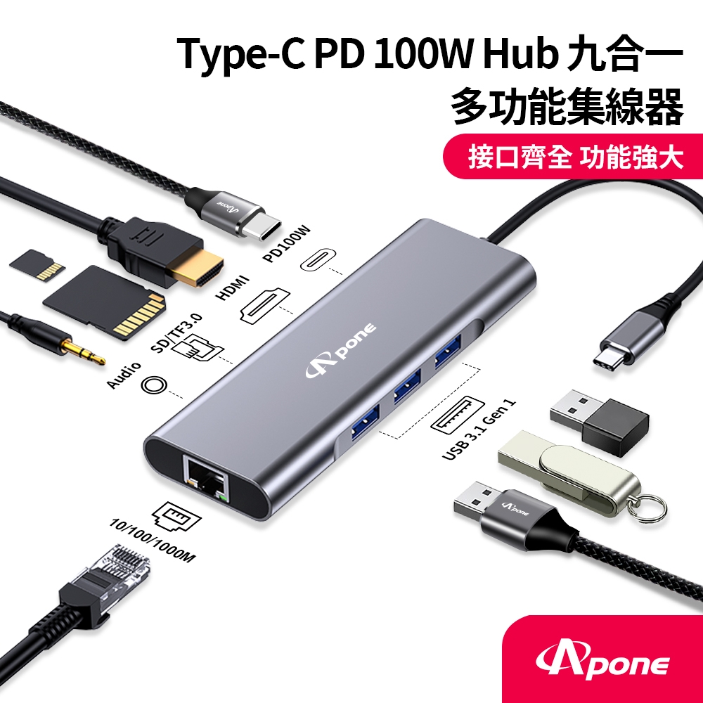 【Apone】Type-C PD 100w Hub九合一多功能集線器 | 集線器 hub | Yahoo奇摩購物中心