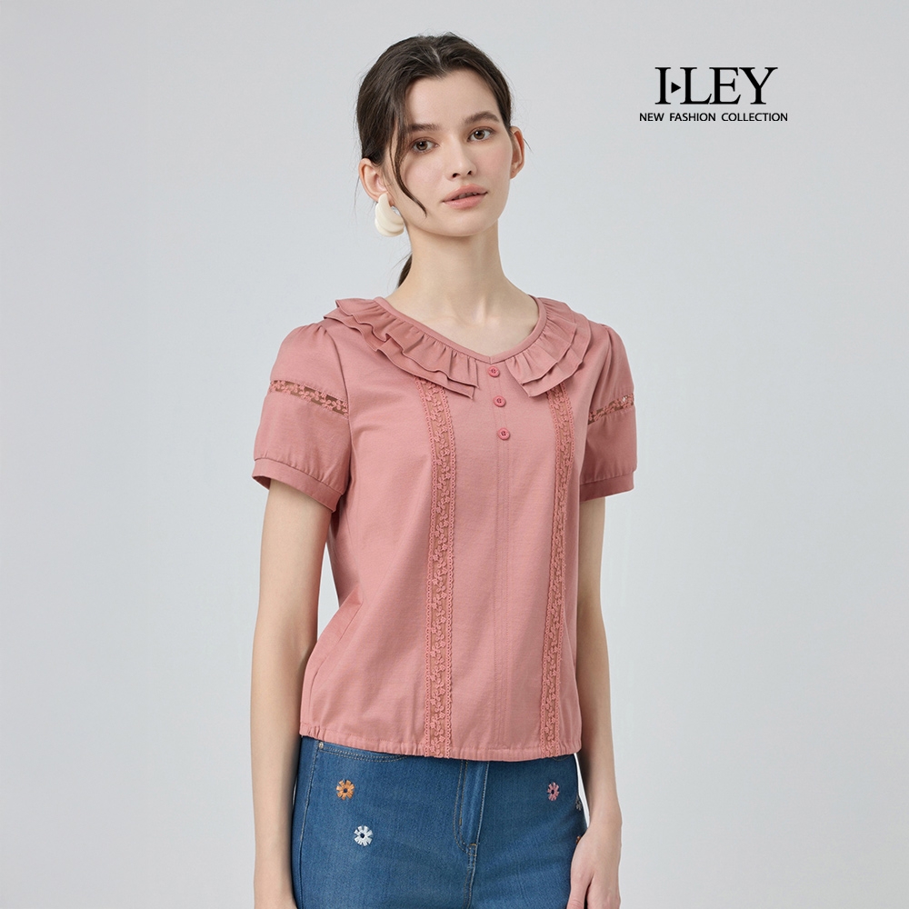 ILEY伊蕾 蕾絲裝飾帶造型絲光棉上衣(粉；M-2L) | 長袖 | Yahoo購物中心