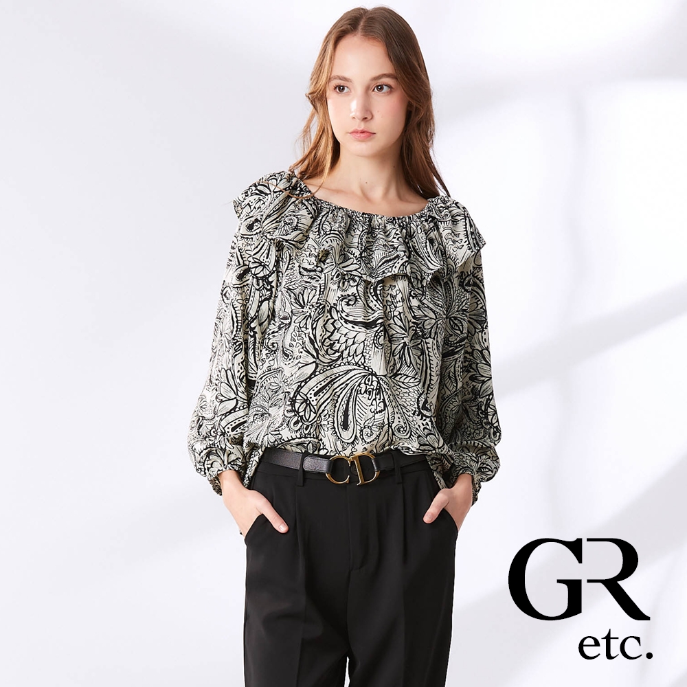 【GLORY21】網路獨賣款-etc.荷葉領口圖騰印花造型上衣-米白色 | 短袖 | Yahoo奇摩購物中心