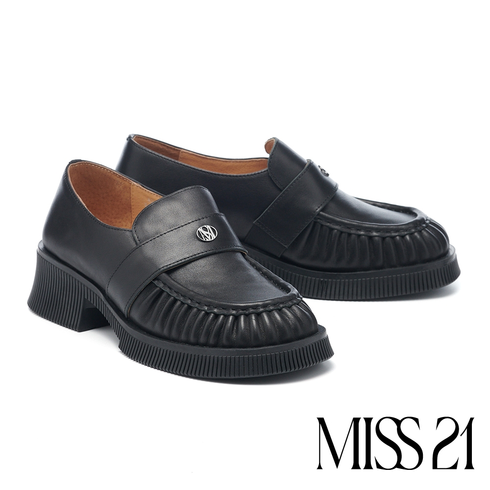 厚底鞋 MISS 21 未來質感抓皺LOGO全真皮大頭樂福厚底鞋－黑 | 樂福鞋 | Yahoo奇摩購物中心