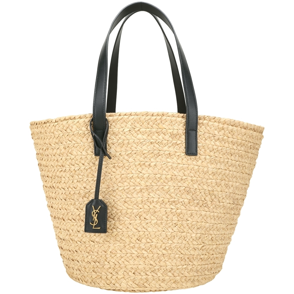 YSL Saint Laurent PANIER 中型 牛皮吊飾拉菲草編織手提/肩背包(黑色) | 歐系精品包/配件 | Yahoo奇摩購物中心