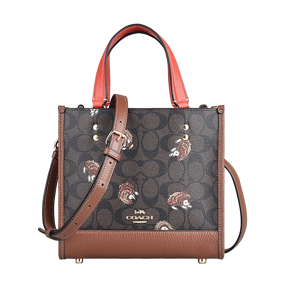 COACH Dempsey 22字母LOGO印花刺蝟設計PVC磁吸式手提斜背托特包(深褐×淺褐×橘紅) | 斜背包 | Yahoo奇摩購物中心