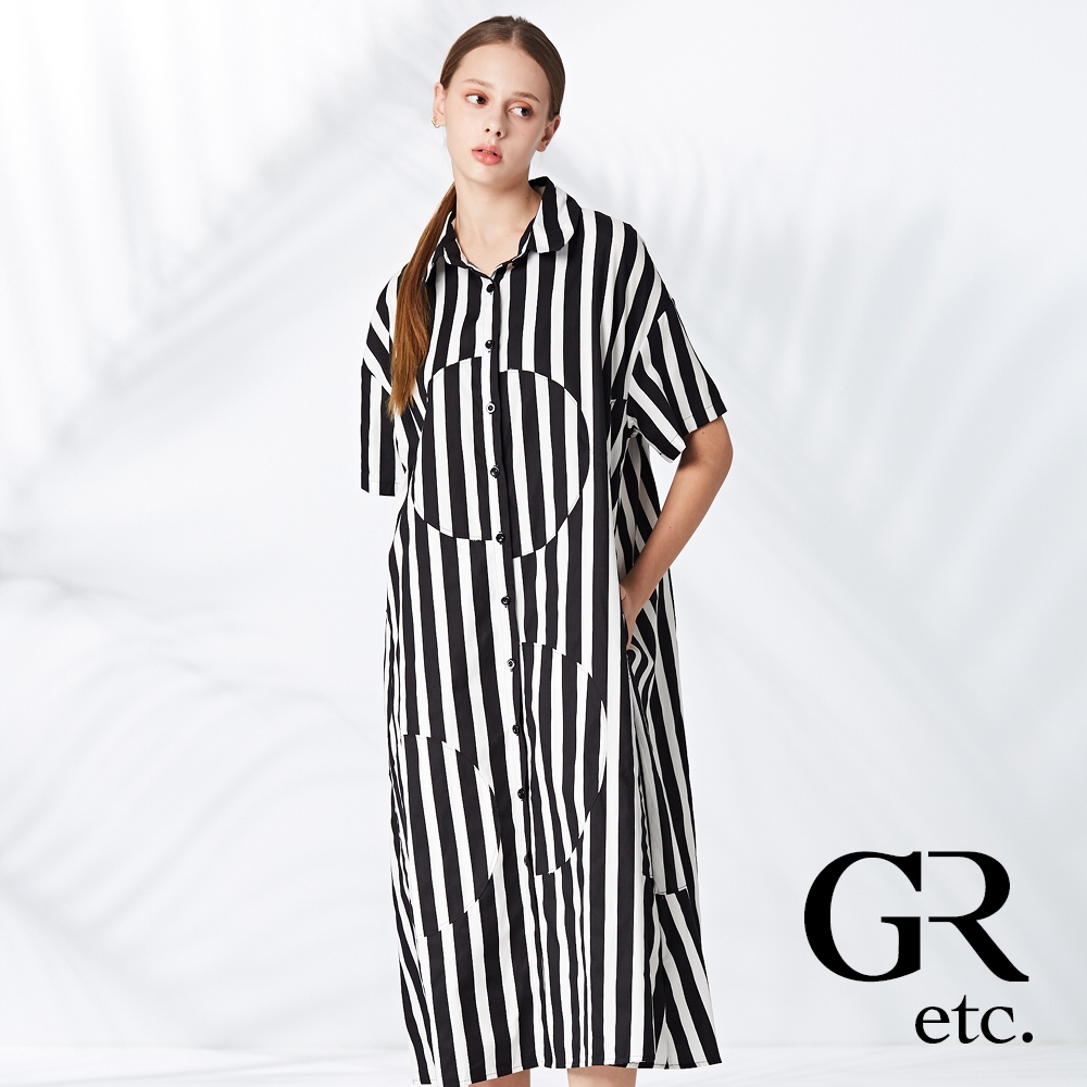 【GLORY21】網路獨賣款-etc.經典條紋開襟翻領短袖洋裝-黑色 | 洋裝 | Yahoo奇摩購物中心