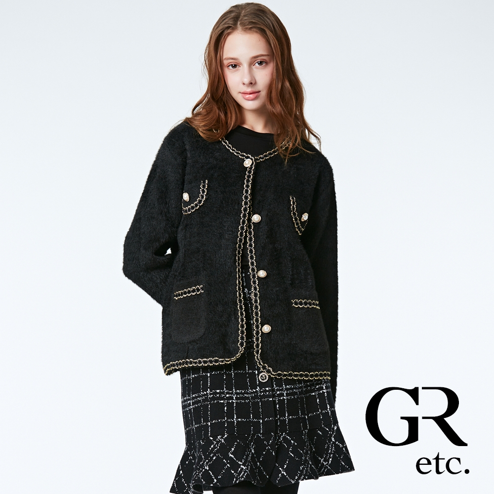 【GLORY21】網路獨賣款-etc.輕奢小香風金色滾邊針織外套-黑色 | 針織外套 | Yahoo奇摩購物中心