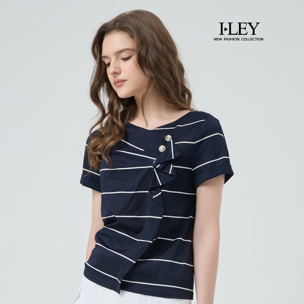 ILEY伊蕾 撞色條紋不對稱絲光綿上衣(深藍；M-2L) | 長袖 | Yahoo奇摩購物中心